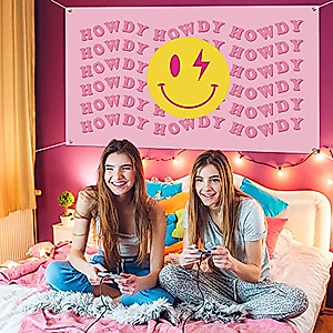 Y1tvei Preppy Cowgirl Room Decor Party Banner Aesthetic Pink Howdy Happy Face Tapestry Backdrop Modern Preppy Photography Background for Teen Girls Bedroom College Dorm Wall Hanging Props Photo Booth