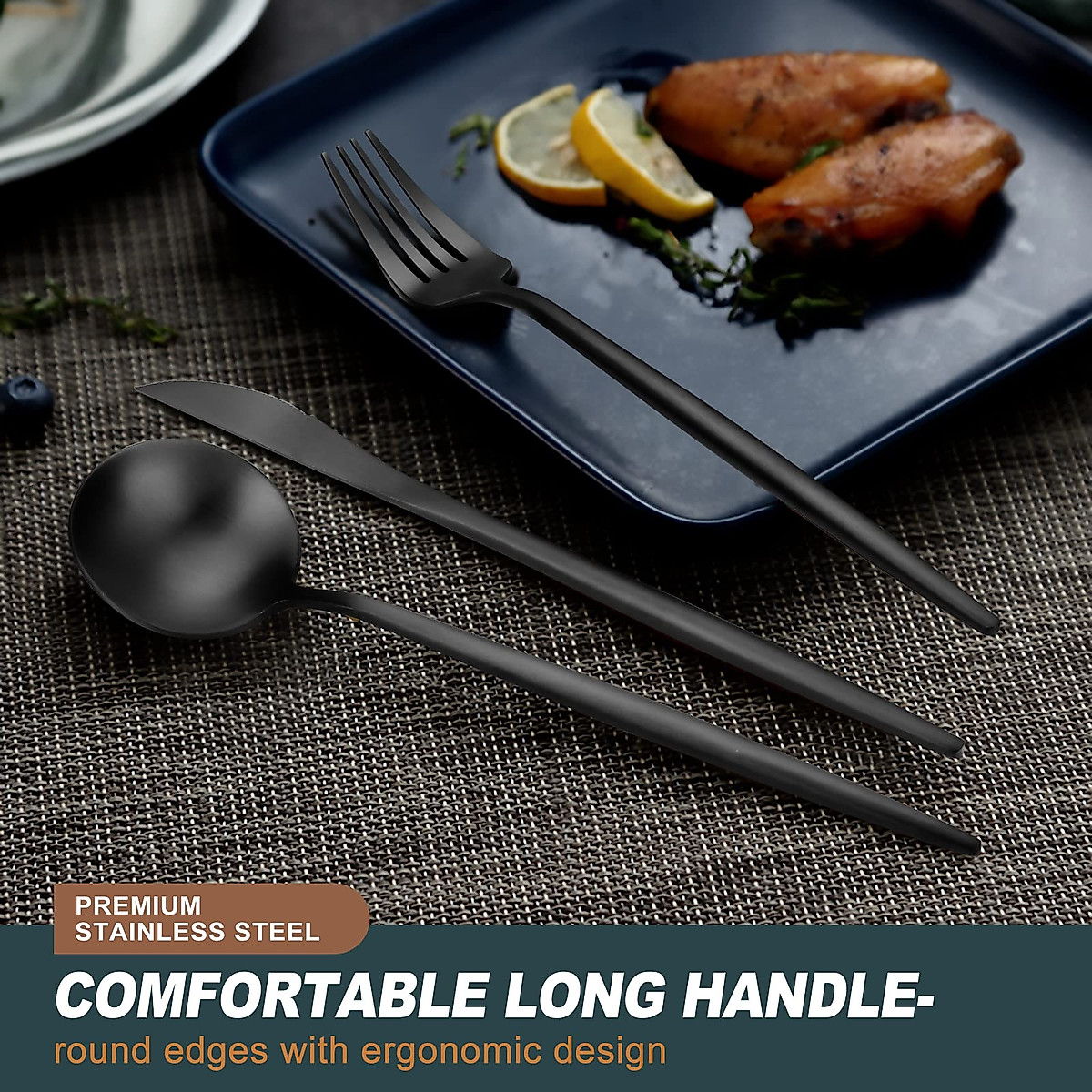 EUIRIO 24 Pieces Matte Black Silverware Set with Steak Knives, Stainless Steel Flatware Set for 4, Cutlery Utensil Sets, Spoons and Forks Set, Dishwasher Safe