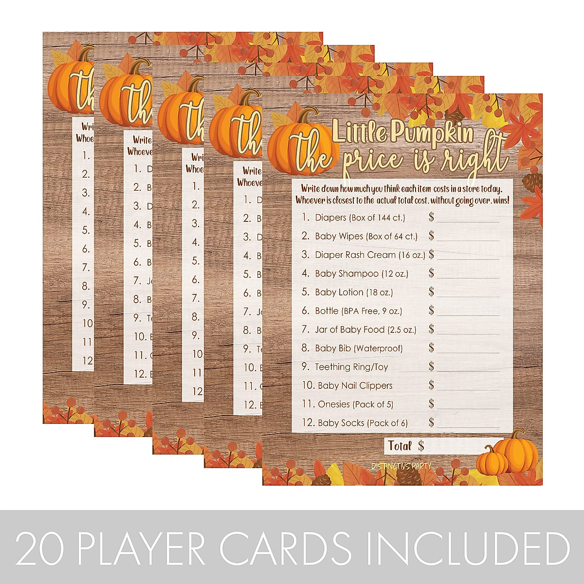 DISTINCTIVS Rustic Fall Little Pumpkin Baby Shower Price is Right Game Cards - 20 Count