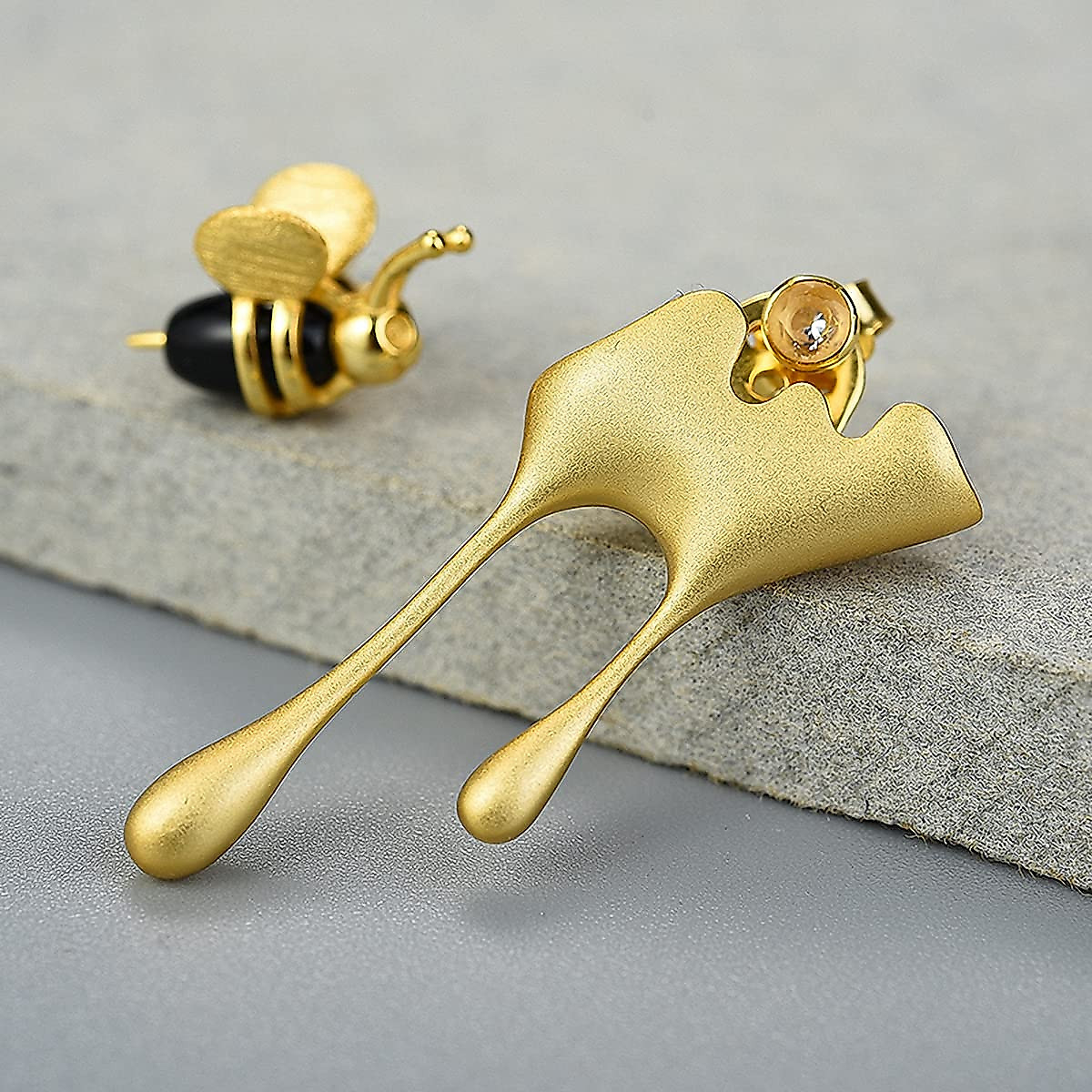 Lotus Fun S925 Sterling Silver Earrings Bee and Dripping Honey Asymmetric Stud Earrings for Women, Creative Handmade Unique Jewelry Gifts (Gold)