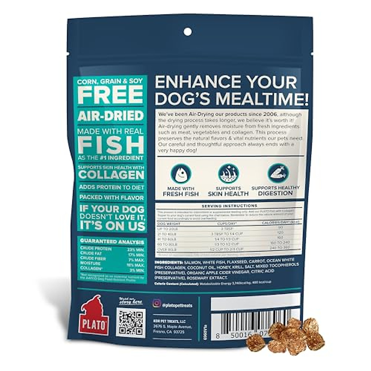 PLATO Pet Treats Air Dried Dog Food Topper, Dog Food Topper, Fish and Collagen Recipe, Superfood, Grain Free, Made in The USA, 12oz