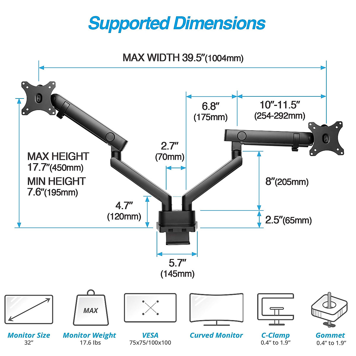 AVLT Laptop and Monitor Arm - Mount 15.6" Notebook and 32" Monitor on 2 Full Motion Adjustable Arms - Organize Your Work Surface with Ergonomic VESA Monitor Mount
