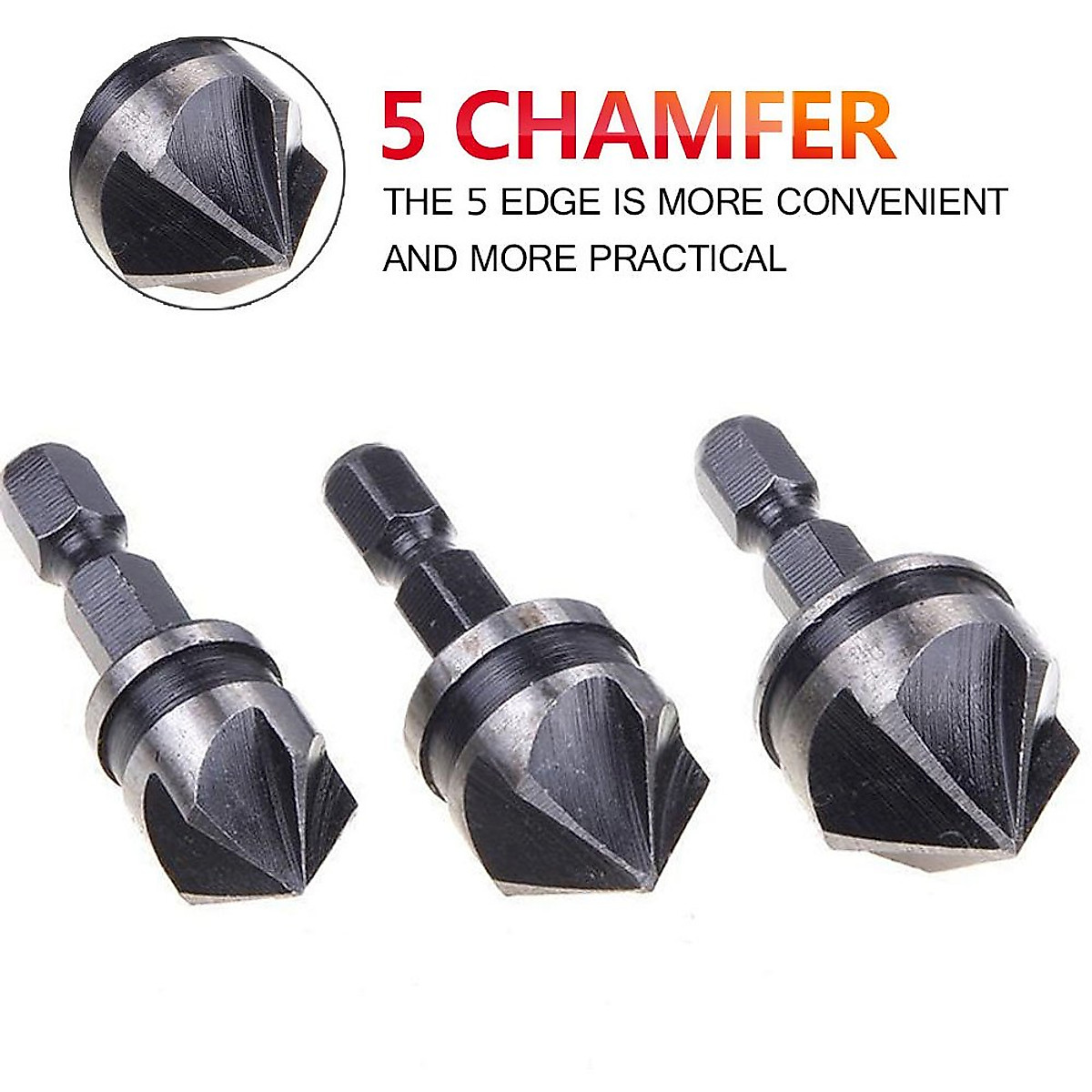 Yakamoz 3Pcs 1/4 Inch Hex Shank 5 Flute 90 Degree Chamfering Countersink Drill Bit Set | 12mm 16mm 19mm