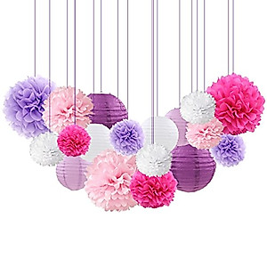 Purple Pink Tissue Paper Flowers Lanterns Decorative Flowers Pom Poms Party Decorations, 18 pcs