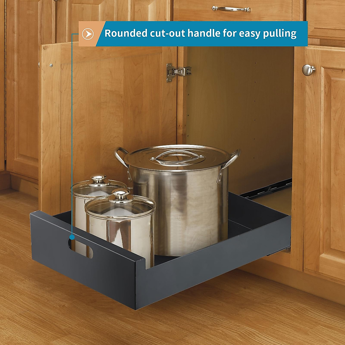 Sanbege Pull Out Cabinet Organizer Self Adhesive, Heavy Duty Metal Sliding Drawer, 16.9" D x 11.8" W x 3.7" H Slide Out Pantry Shelf for Kitchen, Bathroom, Bedroom, Living Room, Garage, Office (Black)