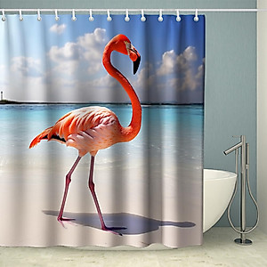 OTRANTO Beach Shower Curtain Blue Teal Sea Pink Flamingo Bath Curtain Tropical Theme Pink Blue Bathroom Decor Set Machine Washable Waterproof Fabric 72 x 72 Include Hooks