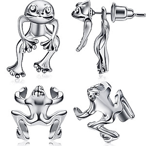 4 Pieces Frog Earrings for Women 3D Frog Earrings Two Way Silver Frog Earrings Vintage Stud Cute Frog Dangle Earrings Retro Detachable Ear Dangler Ear Stud for Anniversary Birthday Valentines