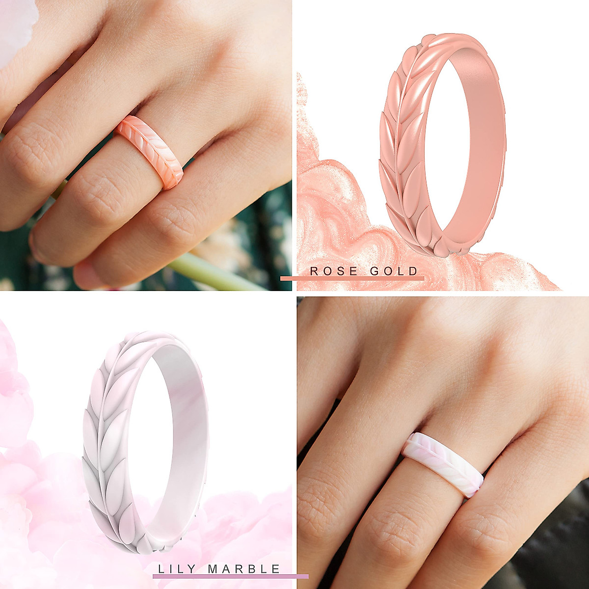ThunderFit Silicone Wedding Rings for Women, Leaf Design Rubber Engagement Bands 5.2mm Wide 2mm Thick - 1/4/7 Variety Multipack (Pack L - Size 4.5-5 (15.7mm))