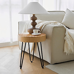 Wood Round Side Table: 15.7" Modern End Table Nightstand with Natural Wood Finish, Metal Frame Legs, Small Bedside Table for Living Room, Bedroom, Farmhouse, Small Spaces (Radial)
