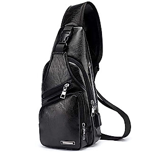 Seoky Rop Men's Leather Sling Bag Chest Crossbody Shoulder Bag with USB Charging Port Black