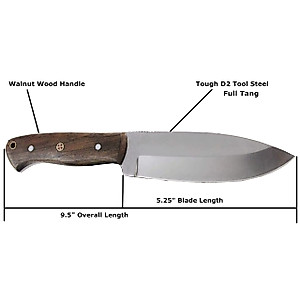 Moorhaus Handmade Full Tang Hunting Fixed Blade Knife D2 Steel - Wood Handle - Great for Camping/Hunting/Skinning/Survival/Bushcraft - includes Leather Sheath
