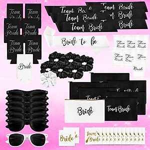 Chug Buddy Bachelorette Party Accessories & Supplies - Black 56 Piece Bachelorette Party Favors Pack With Bachelorette Sash, Sunglasses, Cups And More - Bride Accessories For Bachelorette Party