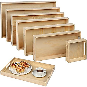 Aodaer 7 Pieces Wooden Nested Serving Trays with Handle Rectangular Shape Wood Trays Kitchen Nesting Trays for Homes, Hotels, Bars Serving Pastries, Snacks, Coffee, Tea