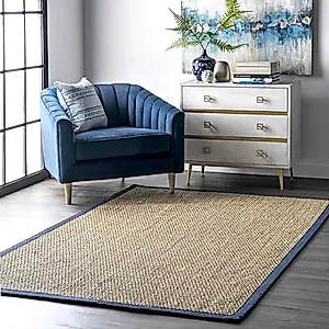 nuLOOM 8x10 Elijah Seagrass Area Rug, Navy, Solid Farmhouse Style, Cotton Bordered, Basketweave, Natural Fiber, For Bedroom, Dining Room, Living Room, Hallway, Office, Kitchen, Entryway
