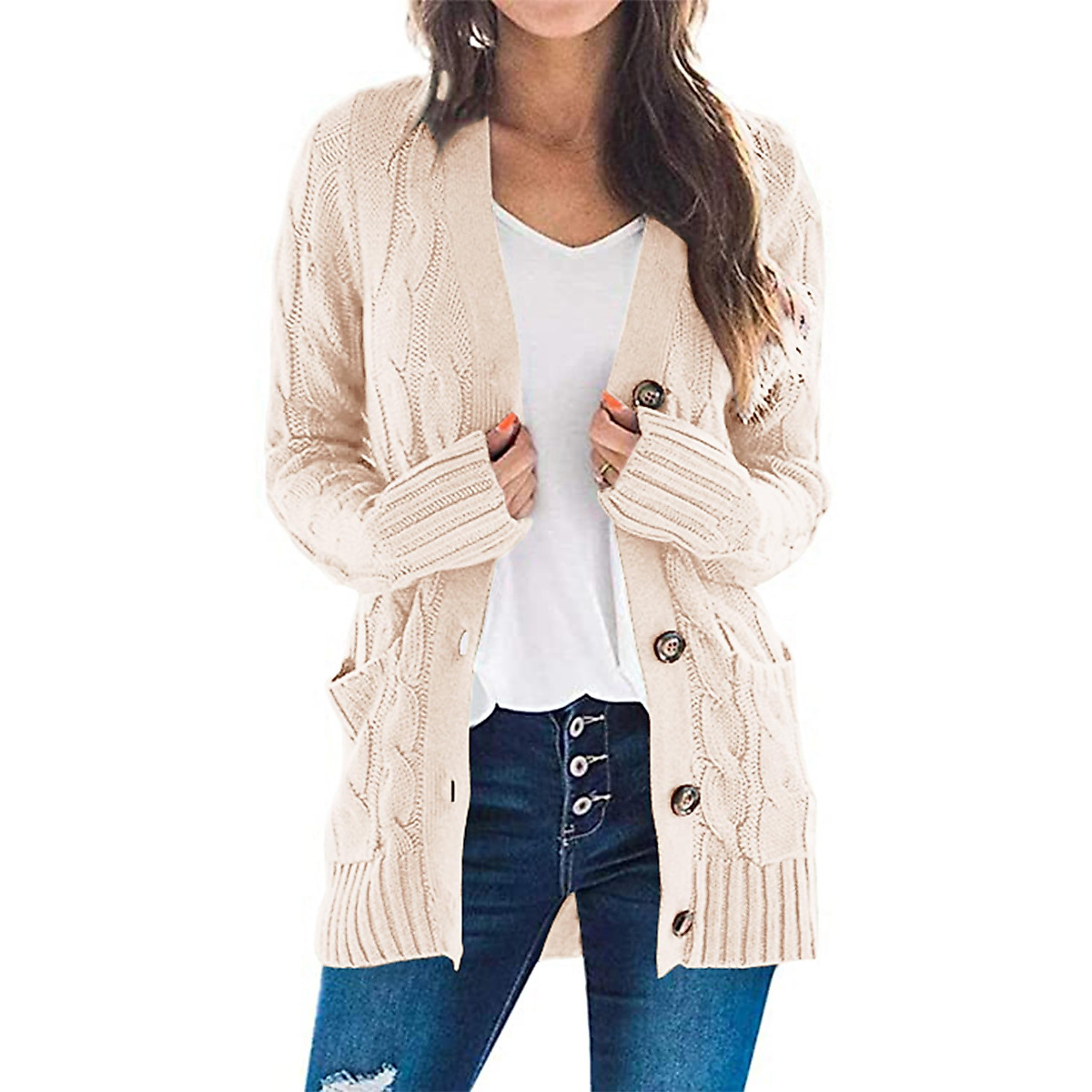 PRETTYGARDEN Women's Open Front Cardigan Sweaters Fashion Button Down Cable Knit Chunky Outwear Coats (Beige,Small)