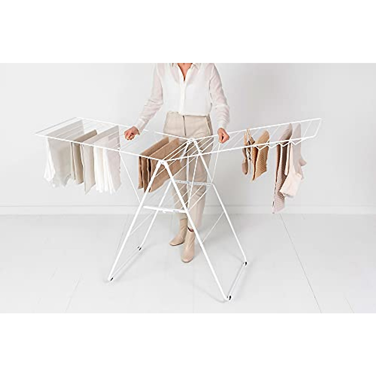 Brabantia HangOn Laundry Drying Rack (82ft / Fresh White) Compact, Foldaway, Adjustable Indoor Stainless Steel Clothes Horse