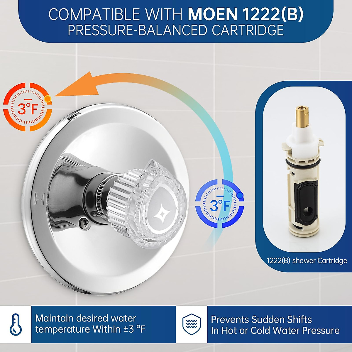 1222 Replacement Cartridge with 104421 Cartridge Puller and 100710 Shower Knob, Shower Repair Kit Compatible with Moen Posi-Temp One-Handle Tub and Shower