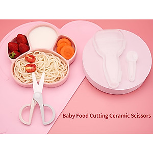 Ceramic Scissors for Baby Food Cutting, Safety Healthy BPA Free Toddler Feeding Shears with Protective Blade Cover and Portable Travel Case-Pink/Grey