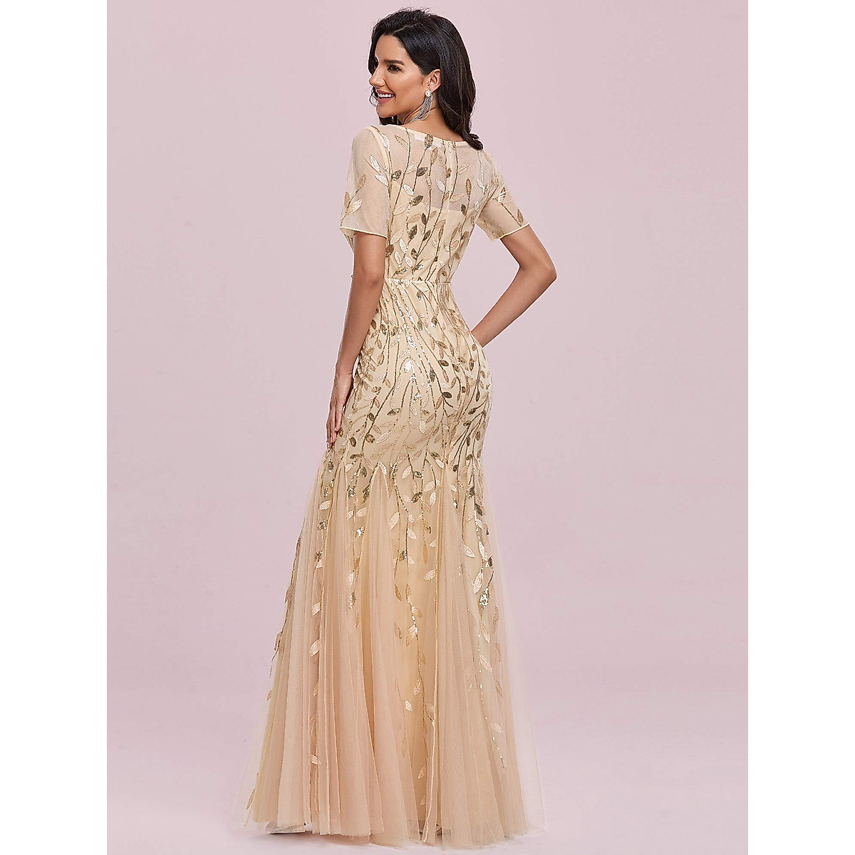 Ever-Pretty Women's Elegant Illusion Short Sleeve Crew Neck Sequin Embroidery Mermaid Evening Dresses Gold US10