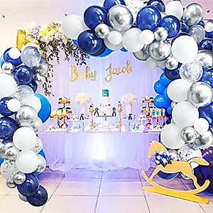 Navy Blue Silver Balloon Arch Garland Kit, 124 Pack Navy Silver White Confetti Balloons with Balloon Accessories and LED String Light for Graduation Baby Shower Wedding Birthday Party Supplies