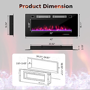 COSTWAY 42-Inch Wide Electric Fireplace, 3.19-Inch Deep Ultra-Thin Wall-Mounted and Recessed Fireplace Heater, Decorative Crystal Included, 12 Flame Color, Remote Control and Smart APP Control, 1500W