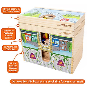 ORBRIUM 52 Pcs Deluxe Wooden Train Set with wooden Storage Box Tunnel compatible with Thomas, Brio, Melissa (Wooden Box - 52 Pcs Train Set)
