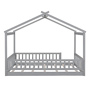 Polibi Full Size Wood Floor Bed Frame,Full House-Shaped Bed Daybed with Fence, for Kids Teens Girls Boys,Gray