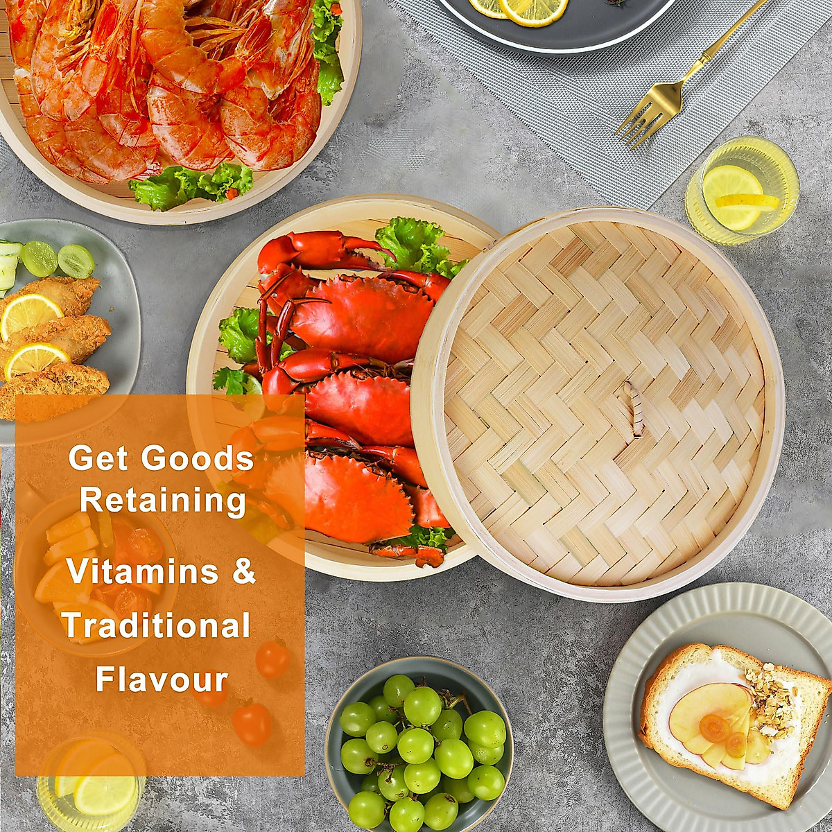 Bamboo Steamer Basket, 2-Tier Dumpling Steamer for Cooking, Bamboo Steamer 10 Inch Vegetable Steamer, Food Steamer for Meat, Dim Sum, Bao Bun, Fish, Rice, HOFHTD Wood Cooking Steamer Basket