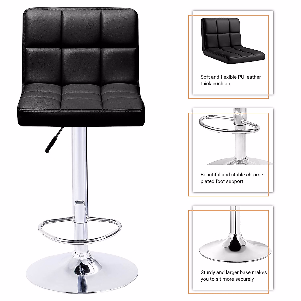 KaiMeng Bar Stools Modern Square Counter Height Barstool 22" to 33" PU Leather Swivel Adjustable Stool with Back Set of 2 for Kitchen Dining (Black)