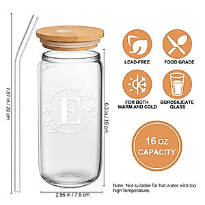 Birthday Gifts for Women, Monogrammed Initial Glass Cup Personalized Gifts for Women, 16oz Glass Cups with Lids and Straws, Iced Coffee Cup, Beer Can Shaped Glass - Personalized Christmas Gifts E