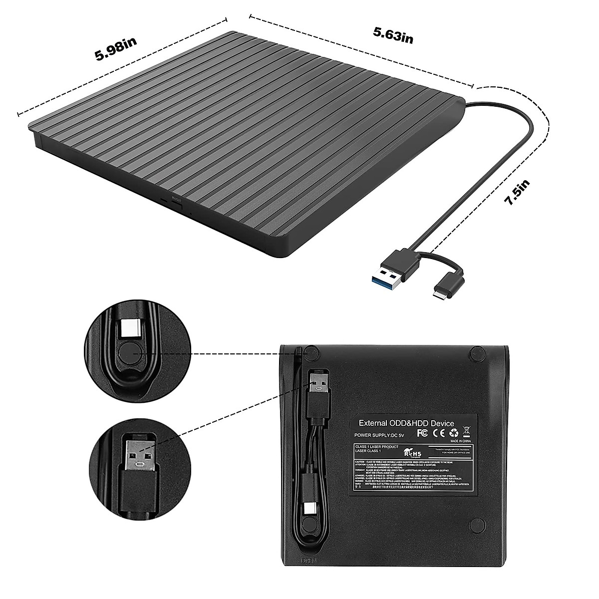 Gotega External CD/DVD Drive for Laptop USB-C & USB 3.0 CD/DVD ROM Drive Reader Writer Burner Compatible with Laptop PC MacBookMac Windows 10/8/7 Linux OS Apple