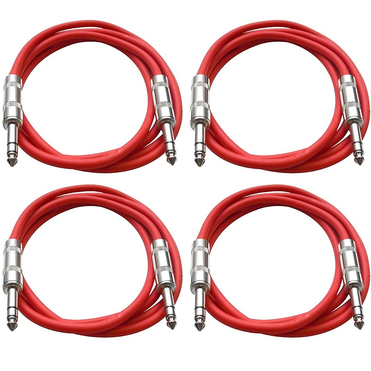 Seismic Audio - SATRX-2-4 Pack of 2' 1/4" TRS to 1/4" TRS Patch Cables - Balanced - 2 Foot Patch Cord - Red and Red