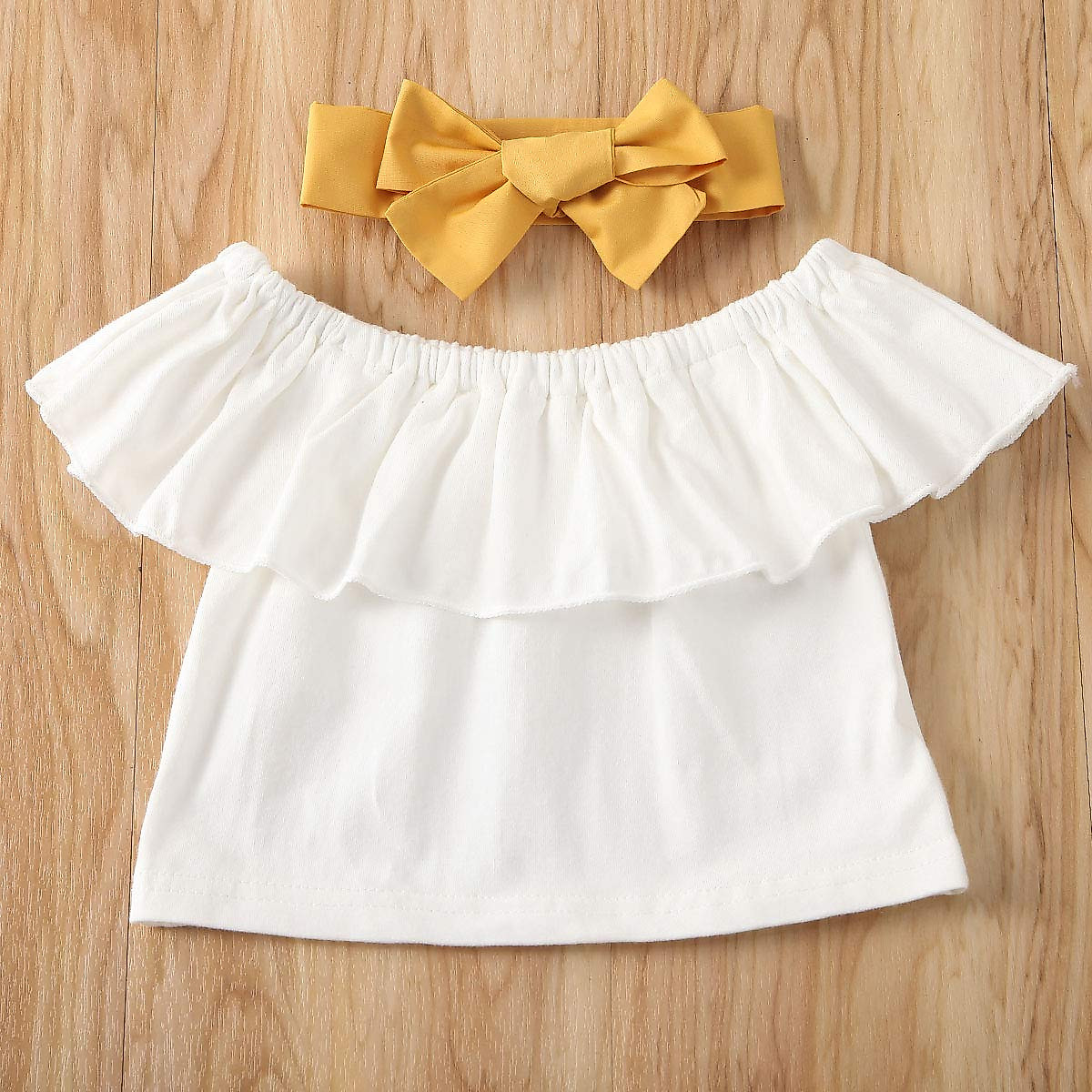 LXXIASHI 3PCS Toddler Baby Girl Off Shoulder Ruffle Crop Top + Maxi Long Skirt + Headband Outfits Set (White Yellow, 3-4 Years)