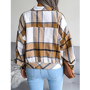 Womens Casual Plaid Shacket Long Sleeve Wool Blend Button Down Shirt Jacket Tops(Khaki,M)