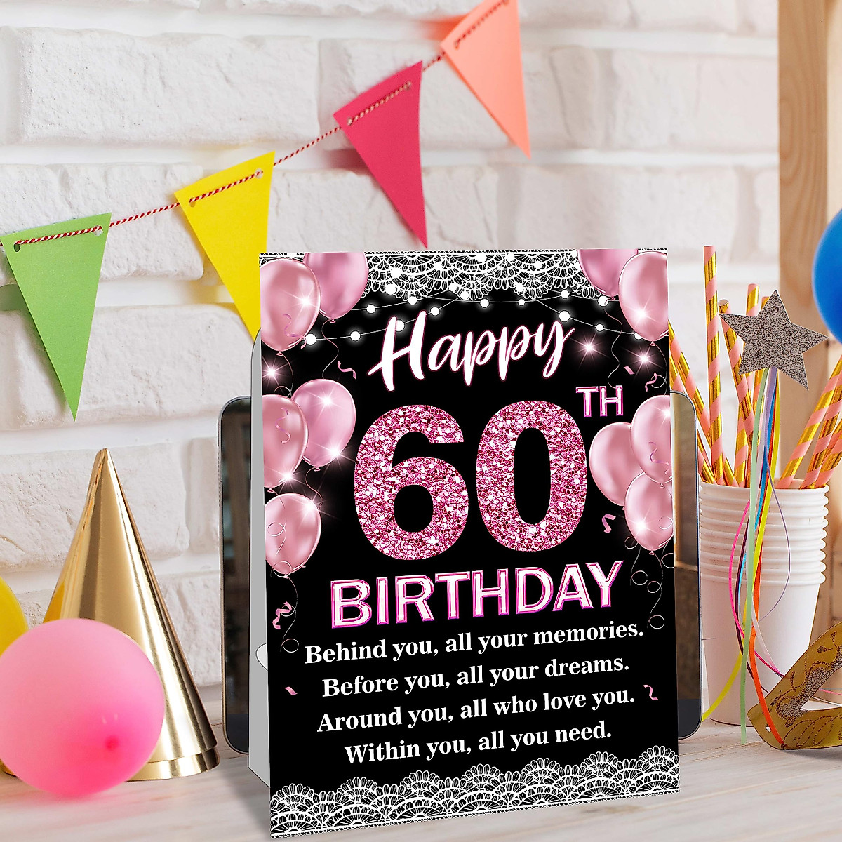 60th Birthday Party Table Sign with Paper Holder, Rose Gold Birthday Standing Sign for Table Decoration, Happy Birthday Table Decor for Women, Anniversary Celebration Favor Supplies(1 Set of), A11