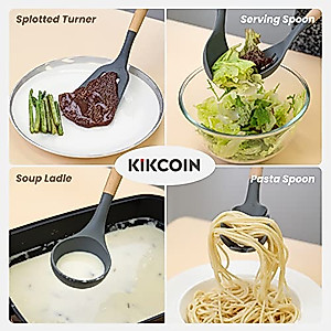 33 PCS Kitchen Utensils Set, Kikcoin Wood Handle Silicone Cooking Utensils Set with Holder, Spatulas Silicone Heat Resistant Cooking Gadgets for Nonstick Cookware, Grey