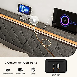 IKIFLY Upholstered California King Size LED Headboard with LED Lights & 2 USB Ports - Adjustable Height - Button Tufted Linen Fabric Padded Headboard Only, Easy Assembly - Dark Grey/Cal King