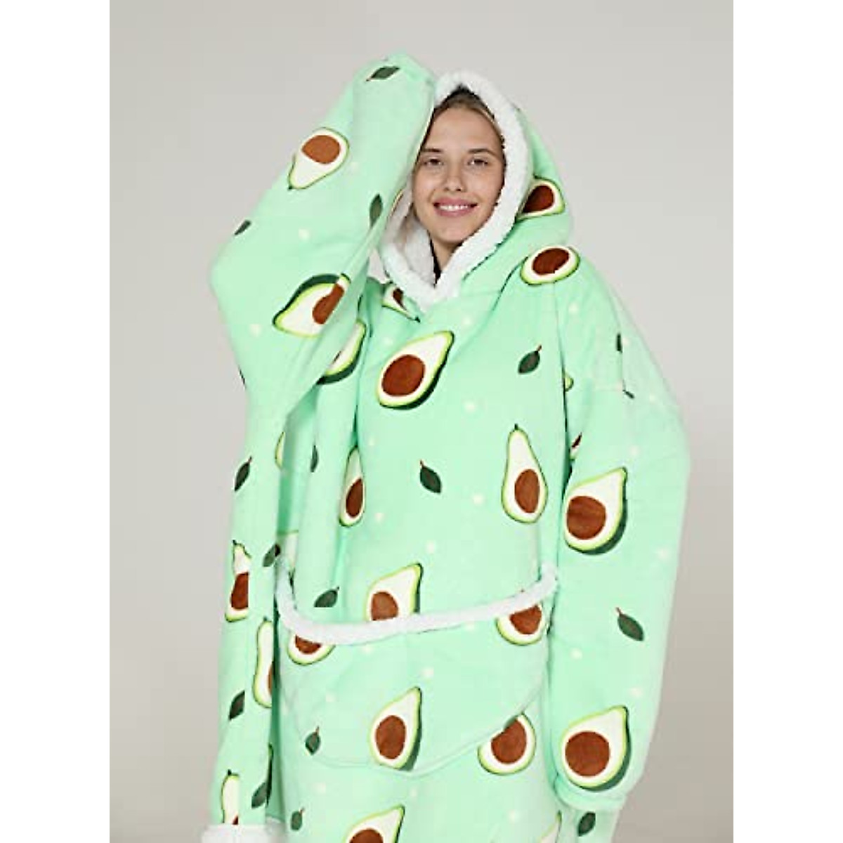 Fyuasto Wearable Blanket Hoodie Super Warm Cozy Soft Printed Sherpa Oversized Sweatshirt Blanket with Pockets One Size Fits All Adult, Avocado Pattern