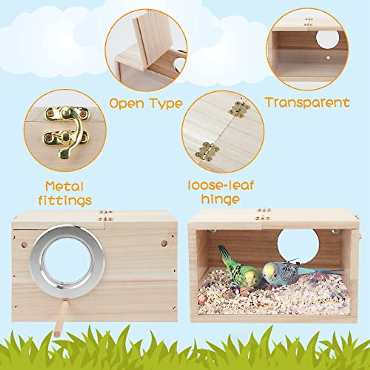 Rypet Parakeet Nesting Box Transparent Design, Bird Nest Breeding Box with Perch Wood Bird Cage House for Cockatiel Lovebirds Budgie Finch Parrotlets Canary