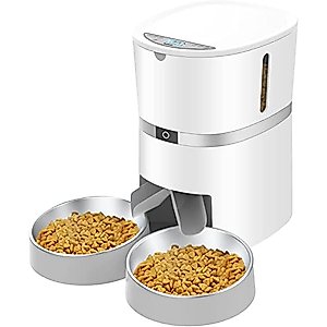 Automatic Cat Feeder, WellToBe Pet Feeder Food Dispenser for Cat & Small Dog with Two-Way Splitter and Double Bowls, up to 6 Meals with Portion Control, Voice Recorder - Battery and Plug-in Power