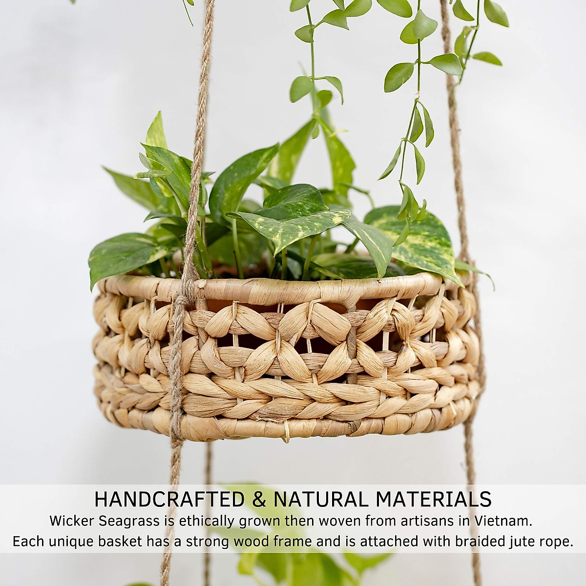 Hanging Fruit Basket 3 Tier for Kitchen, Handmade Natural Rattan Handwoven Wicker Seagrass Woven Wall Baskets Vegetable Organizer Produce Fruit Holder Counter Space Saver Storage Boho Hanging Planter