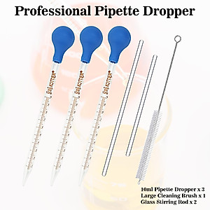 3Pcs Glass Pipettes Dropper, 10ml Graduated Liquid Dropper with 2 Stirring Rod, Rubber Bulb and Cleaning Brush, Transfer Pipettes for Essential Oil