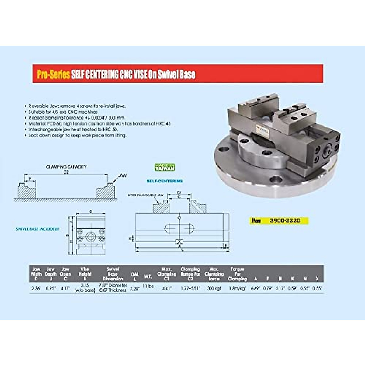 VERTEX 3900-2220 Self-Centering CNC Vise, 2"