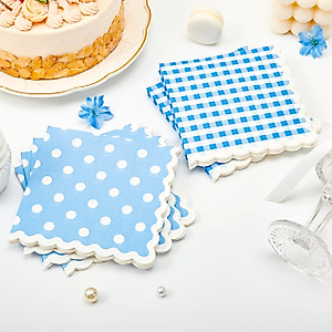 Crisky 100 Pcs Wavy Scalloped Blue Cocktail Napkins for Wedding, Engagement, Baby Shower, Birthday, Tea Party, Anniversary Party Decoration, 3-Ply (5x5)