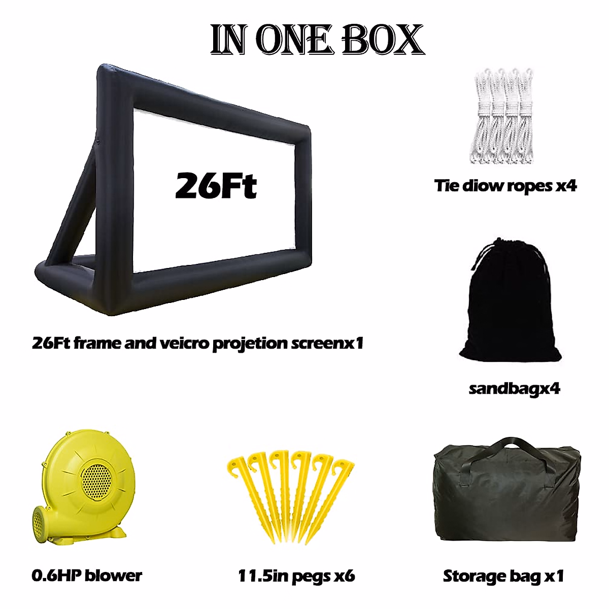 WGIA 26ft Outdoor Inflatable Movie Screen, Blow Up Projector Screen with Air Blower, Tie-Downs, Repair Kit & Storage Bags, Support Front & Rear Projection Best for Movie Nights Backyards Pool Party