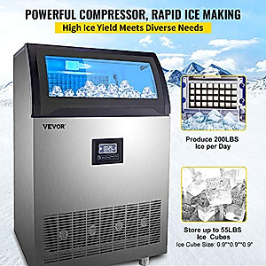 VEVOR Commercial Ice Maker Machine 200LBS/24H, 710W Stainless Steel Ice Machine with 55LBS Storage Capacity, 90 Ice Cubes Ready in 11-15Mins, Includes Water Filter and Connection Hose
