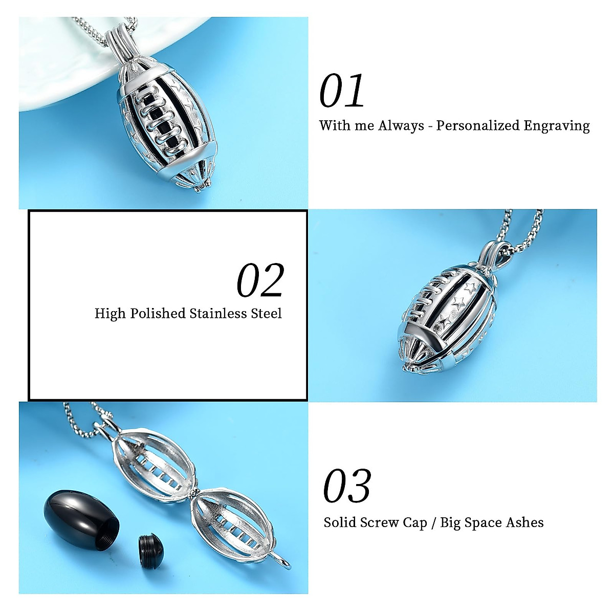 Oinsi American Football Cremation Locket Necklace For Ashes Of Loved Ones Stainless Steel Memorial Urn Jewelry Women Men Keepsake Fashion Necklace (Silver With Black)