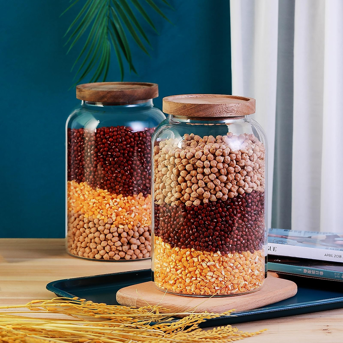 COBKSXUEP Large Glass Jar with Airtight Lid 84 FL OZ Glass Canister Set Wooden Lids Glass Food Storage Containers for Kitchen Counter Flour Tea Coffee Beans Sugar Cookies Overnight Oats (2pcs 2.5L)