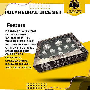 Grinning Gargoyle – 13x Deluxe Poly RPG Dice Set - Perfect for DND 5th Edition Pathfinder Starfinder Cyberpunk and Blades in The Dark – Includes a Giant 45mm 100 Sided Polyhedral Die or D100 (White)
