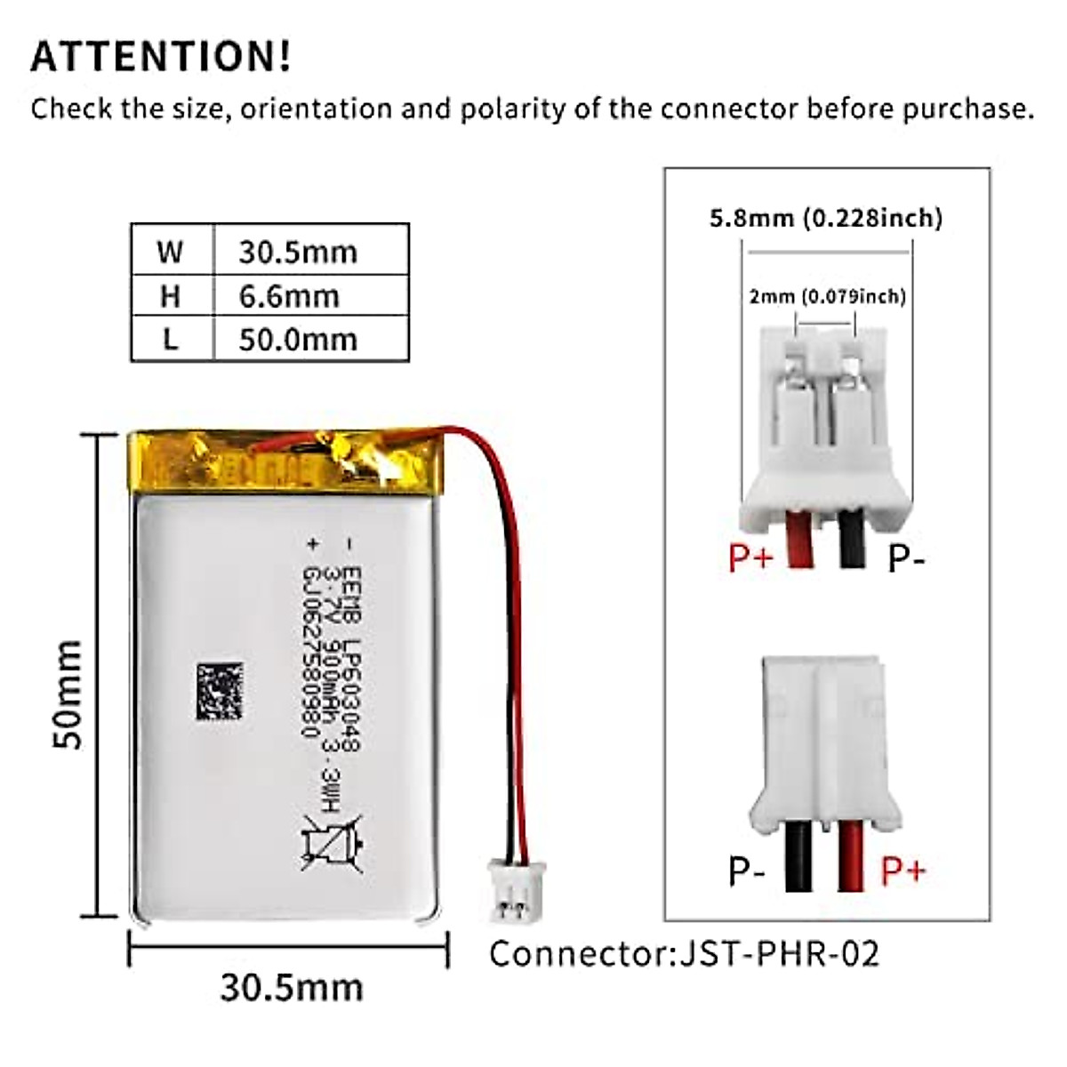 EEMB Lithium Polymer Battery 3.7V 900mAh 603048 Lipo Rechargeable Battery Pack with Wire JST Connector for Speaker and Wireless Device- Confirm Device & Connector Polarity Before Purchase